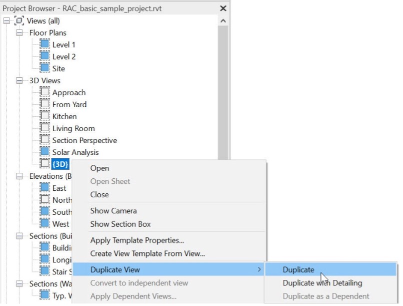 In the Project Browser, right-click on {3D} Copy 1 and rename it 3D- OUTSIDE VIEW